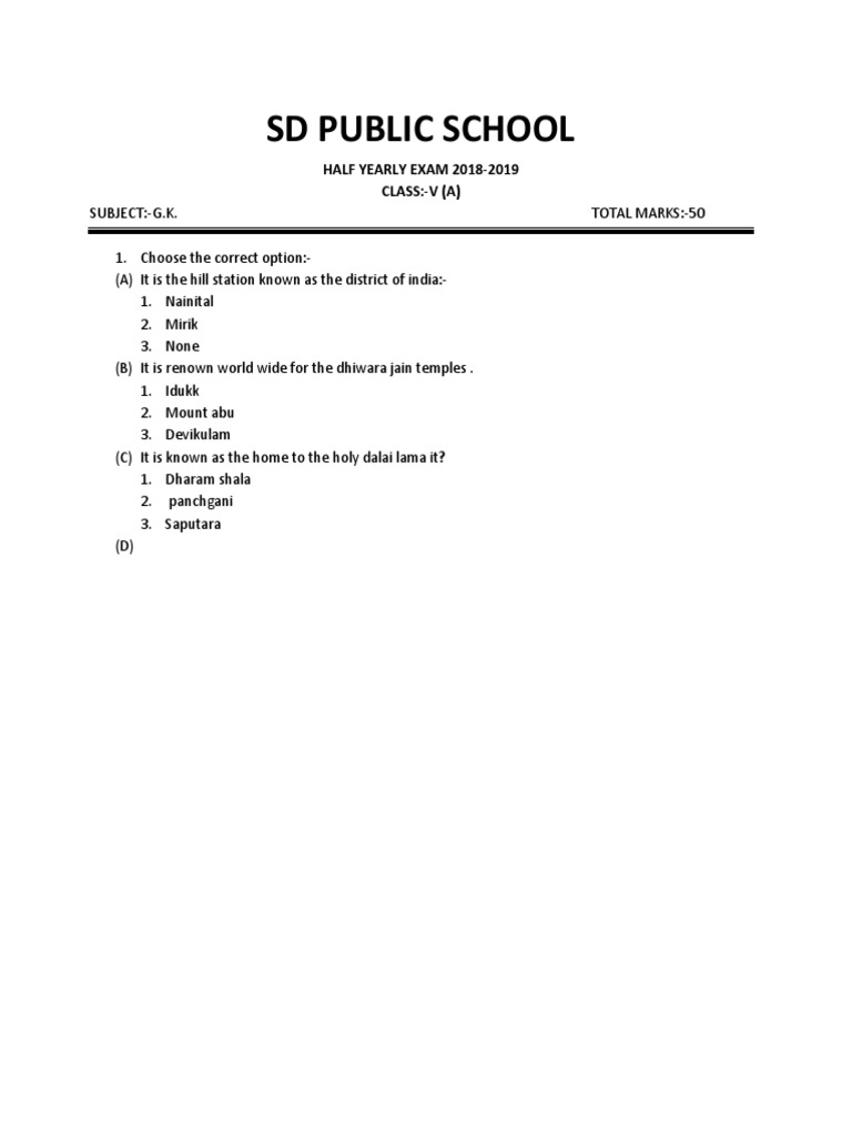 SD Public School: HALF YEARLY EXAM 2018-2019 CLASS:-V (A) | PDF