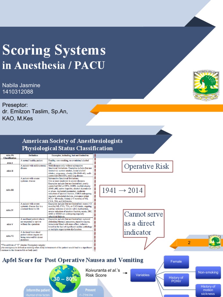 Scoring Systems in Anesthesia and PACU | PDF | Anesthesia | Pain