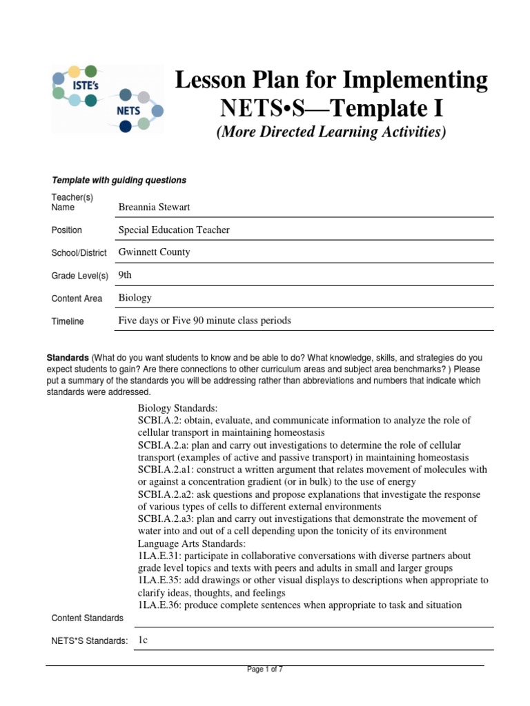 Lesson Plan For Implementing NETS - S-Template I: (More Directed ...