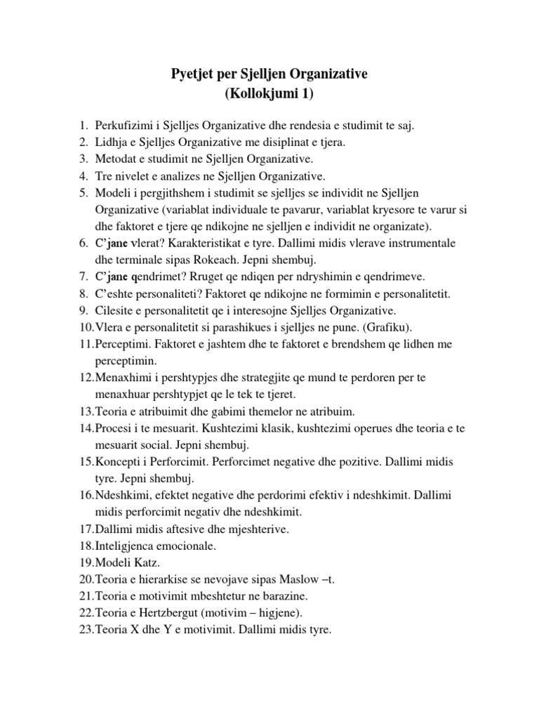 Pyetjet Per Sjelljen Organizative (Kollokjumi 1) | PDF
