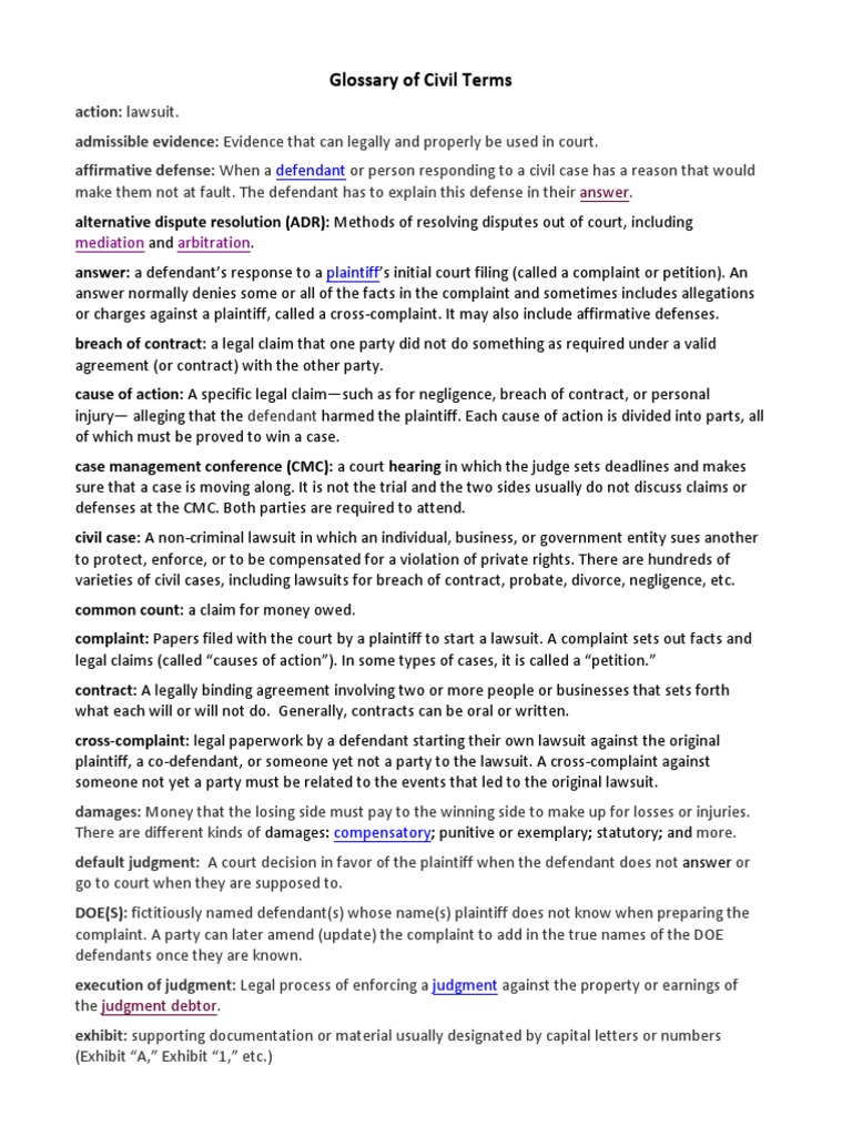A Comprehensive Glossary of Key Civil Legal Terms | PDF | Lawsuit ...