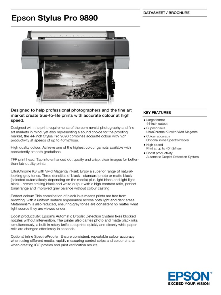 Epson Stylus Pro 9890 Datasheet | PDF | Printer (Computing) | Media ...