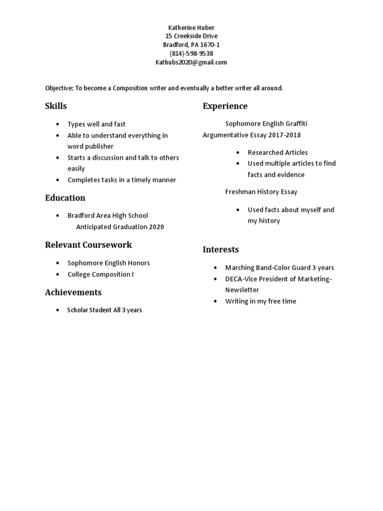 Skills Experience: Katherine Huber 15 Creekside Drive Bradford, PA 1670 ...