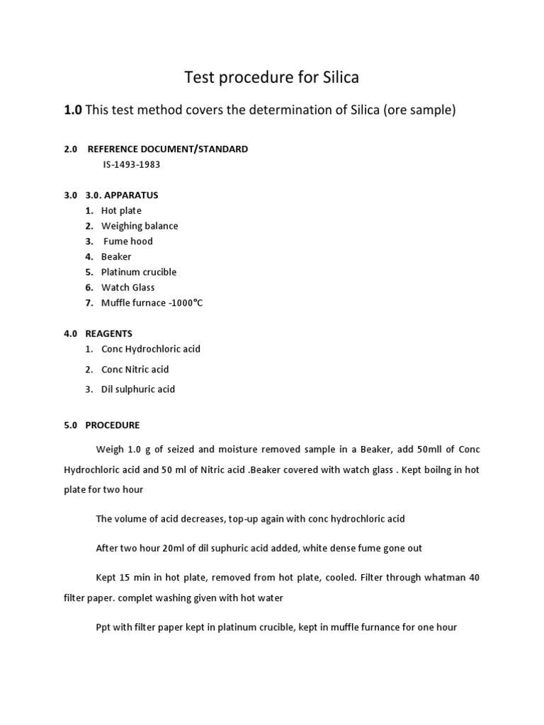 Test Procedure For Silica: 1.0 This Test Method Covers The ...