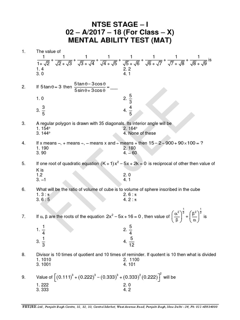 NTSE Stage I MAT Sample Questions | PDF | Atoms | Force