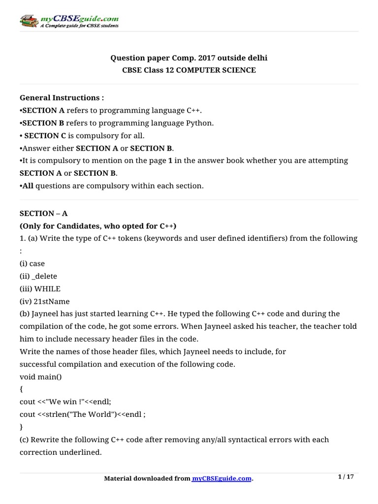 12 Computer Science Lyp 2017 Comp Outside Delhi | PDF | Integer (Computer Science) | Matrix ...