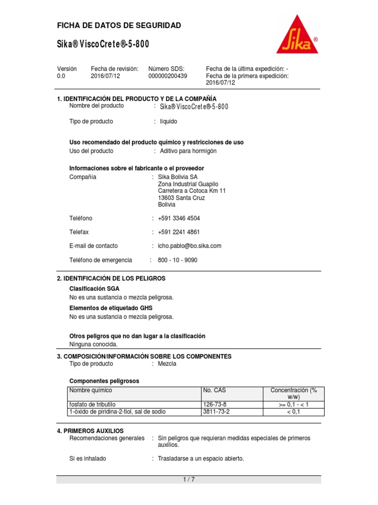 MSDS Sika Viscocrete 5 800 | PDF | Solubilidad | Agua