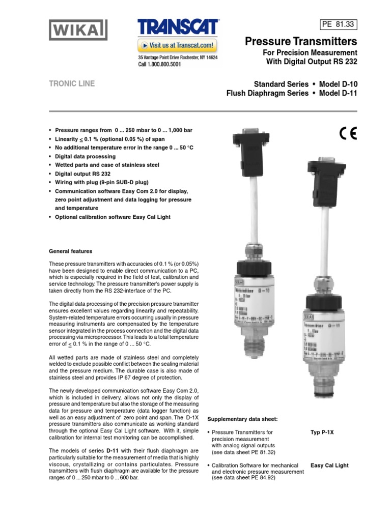 Pressure Transmitters for Precision Measurement with Digital Output RS ...