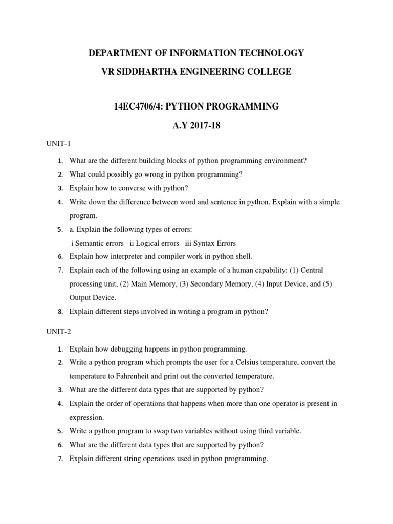 Python Unit Wise Questions | PDF | Python (Programming Language ... Python Unit Wise Questions | PDF | Python (Programming Language ...