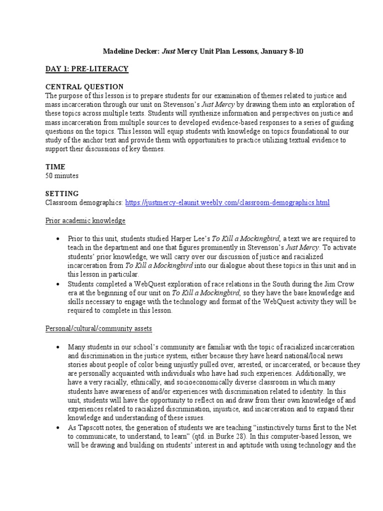 Madeline Decker - Ci 403 - Just Mercy Unit Lesson Plans | PDF ...