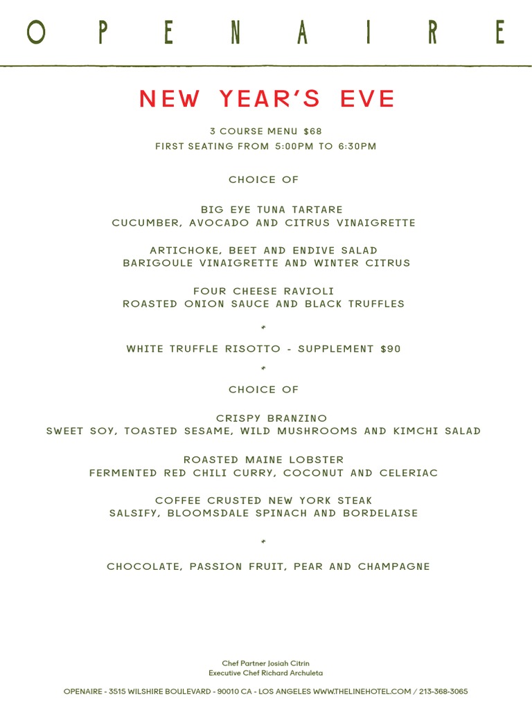 New Year's EVE: 3 Course Menu $68 First Seating From 5:00Pm To 6:30Pm ...