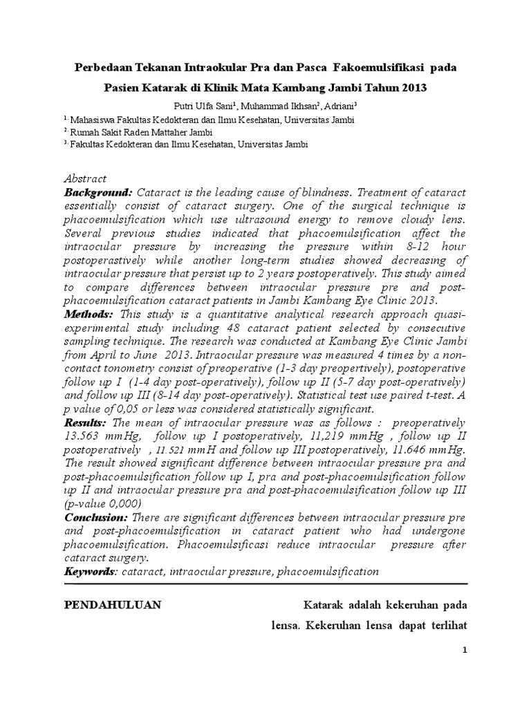 Intraocular Pressure Changes Post-Cataract Surgery | PDF | Self ...