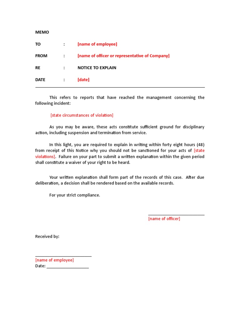 Memo TO: From: RE: Notice To Explain Date:: (Name of Employee) (Name of ...