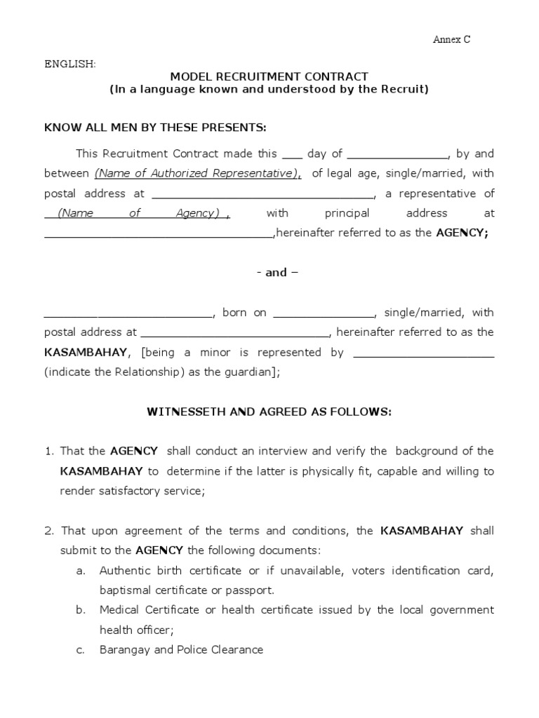 Model Recruitment Contract Annex C V Aug14 | PDF | Employment ...