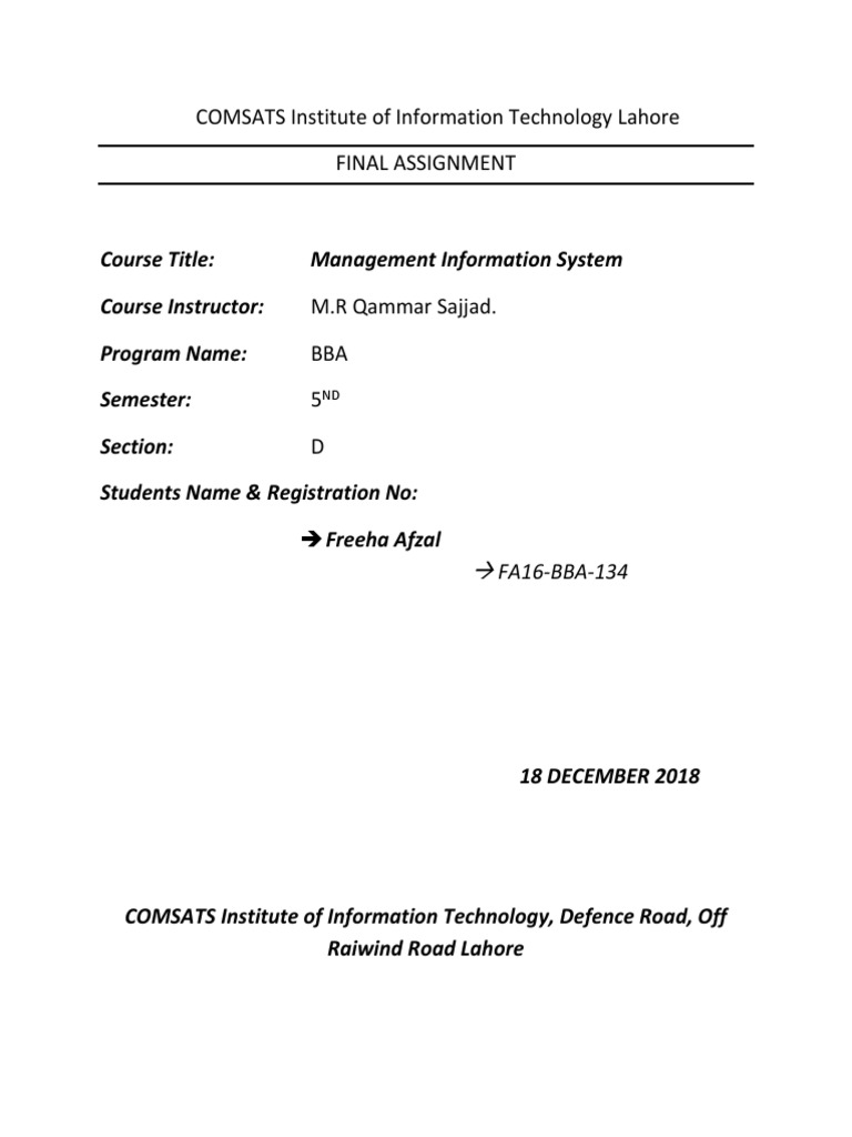 COMSATS Institute of Information Technology Lahore: Final Assignment ...