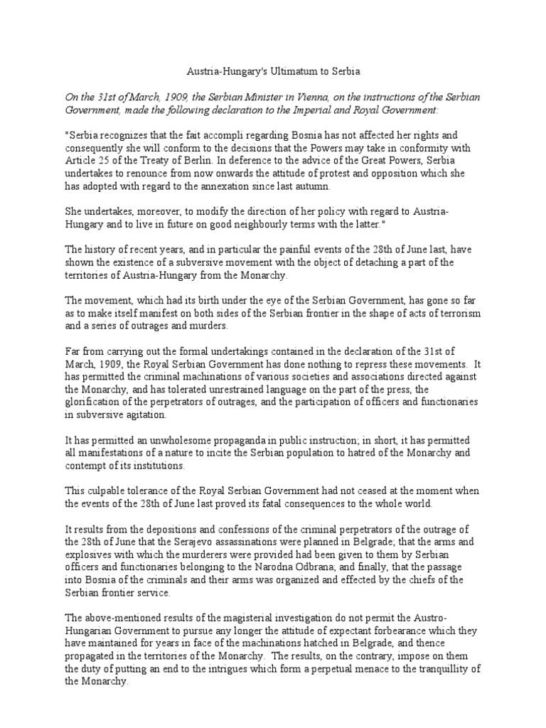 Austria Ultimatum | PDF | Austria Hungary | Serbia