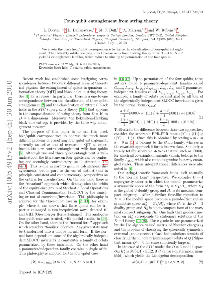 Four Qubit Entanglement From String Theory | PDF | Quantum Entanglement ...