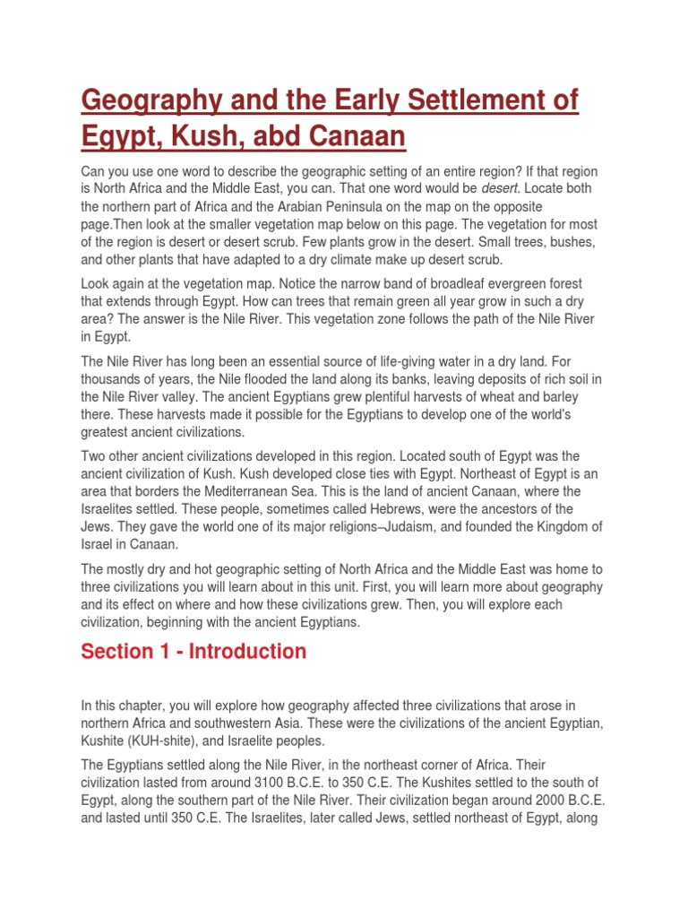Unit Geography and The Early Settlement of Egypt Kush Abd Canaan ...