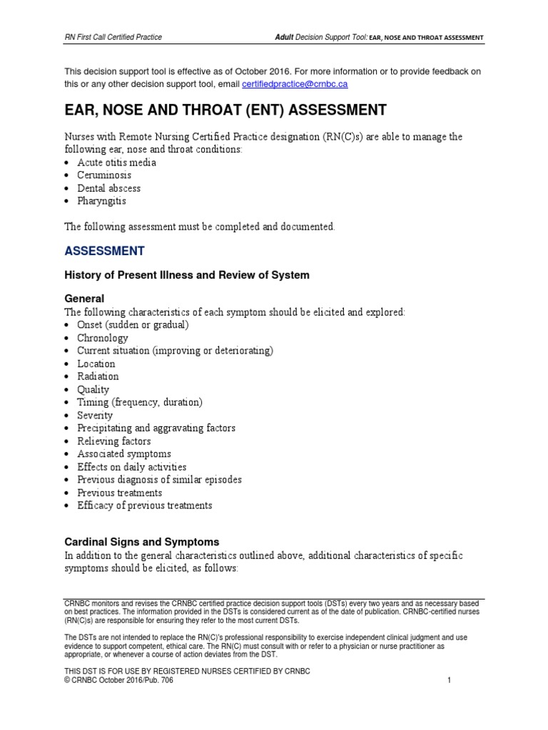 Ear, Nose and Throat (Ent) Assessment | PDF | Ear | Medical Diagnosis
