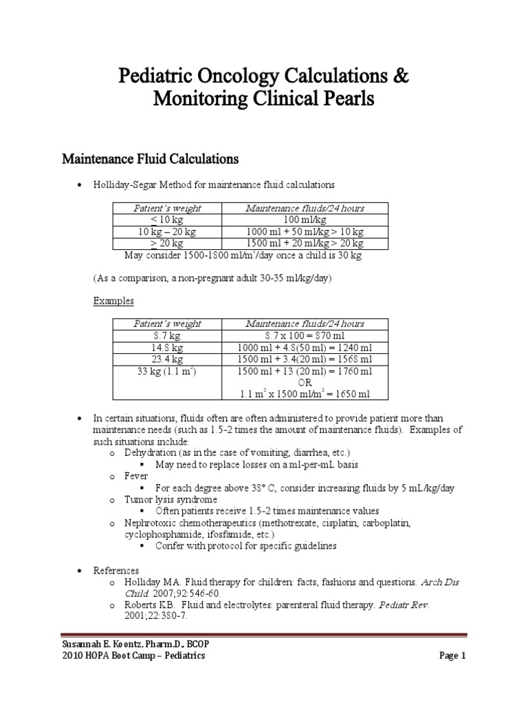 Pediatric Oncology Calculations & Monitoring Clinical Pearls | PDF ...