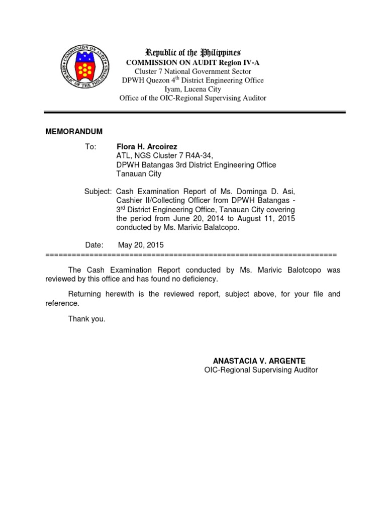 Transmittal On Cash Exam Report | PDF | Philippines | Accounting