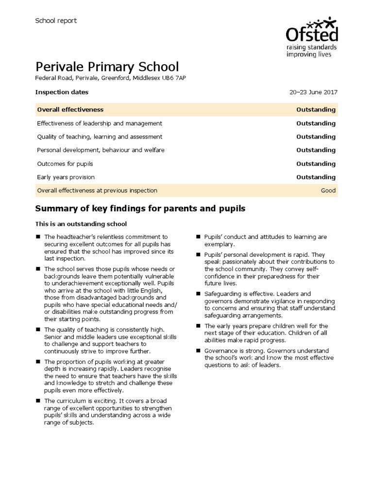 Perivale Primary School: Summary of Key Findings For Parents and Pupils ...