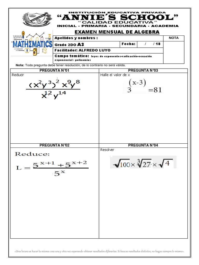 2do Algebra Examen Mensual | PDF