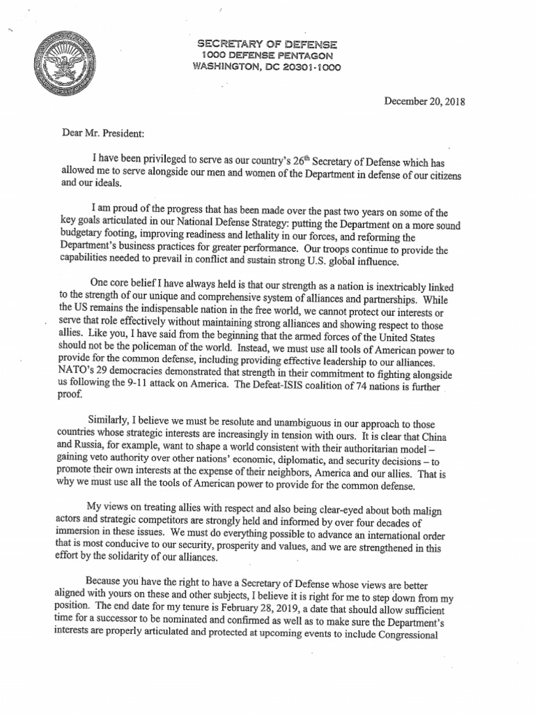 Letter From Defense Secretary James N. Mattis | PDF