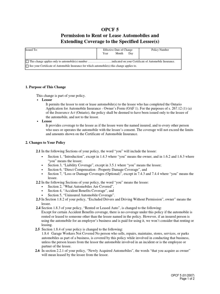 Opcf 5 Permission To Rent or Lease Automobiles and Extending Coverage ...