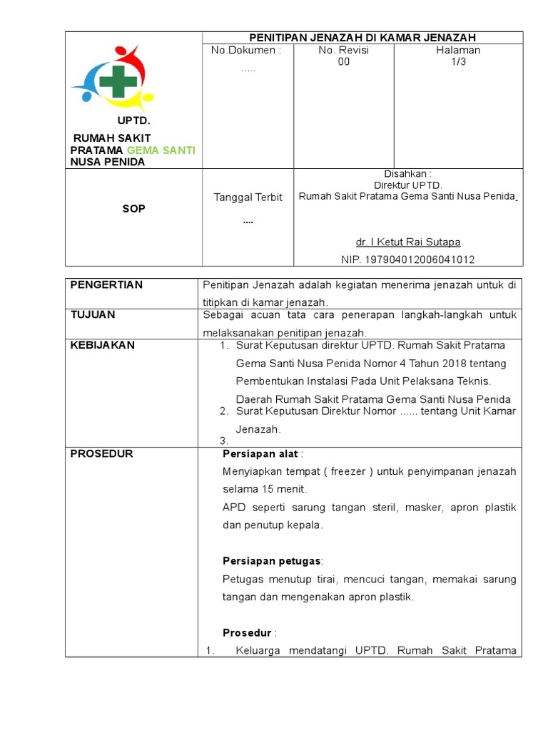 Sop Penitipan Jenazah Di Kamar Jenazah | PDF