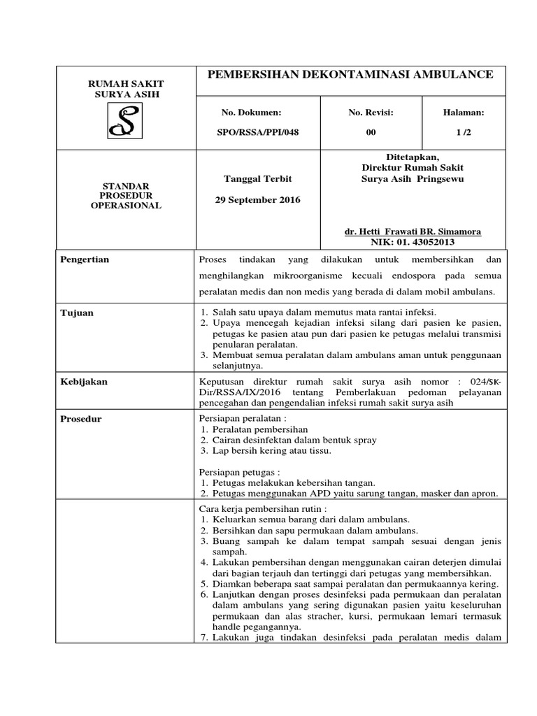 Sop Pembersihan Dekontaminasi Ambulance | PDF