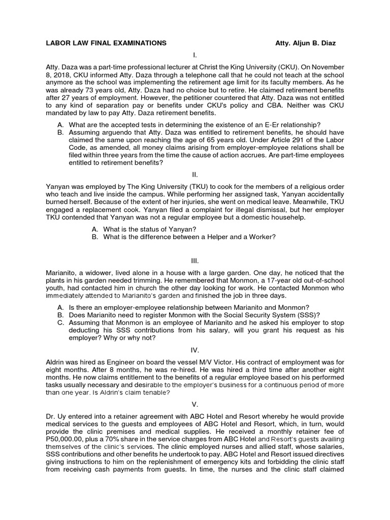 Labor Law Exam Questions and Analysis | PDF | Independent Contractor ...