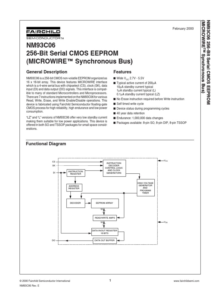 NM93C06 256-Bit Serial CMOS EEPROM (MICROWIRE™ Synchronous Bus) | PDF | Input/Output | Cmos