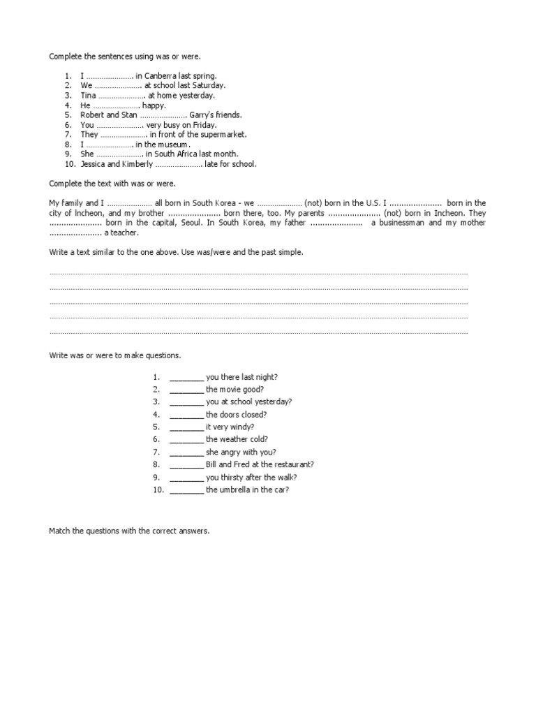 Was Were Exercises | PDF | Leisure