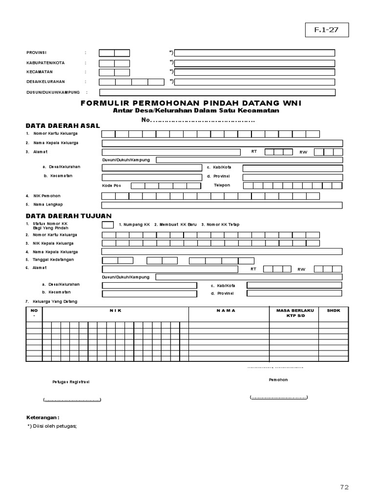 Formulir Permohonan Pindah Datang Wni: No. . Data Daerah Asal Antar Desa/Kelurahan Dalam Satu ...