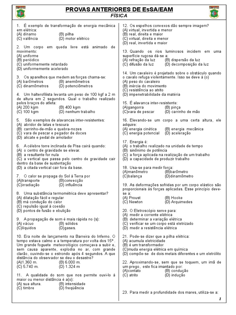 QUESTÕES PROVAS ANTERIORES EsSA E EAM | PDF | Massa | Gravidade