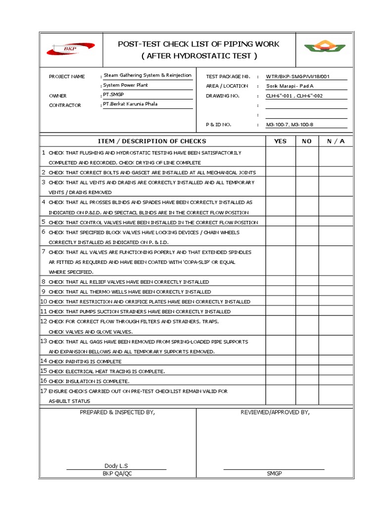 Post-Test Check List of Piping Work (After Hydrostatic Test) | PDF ...