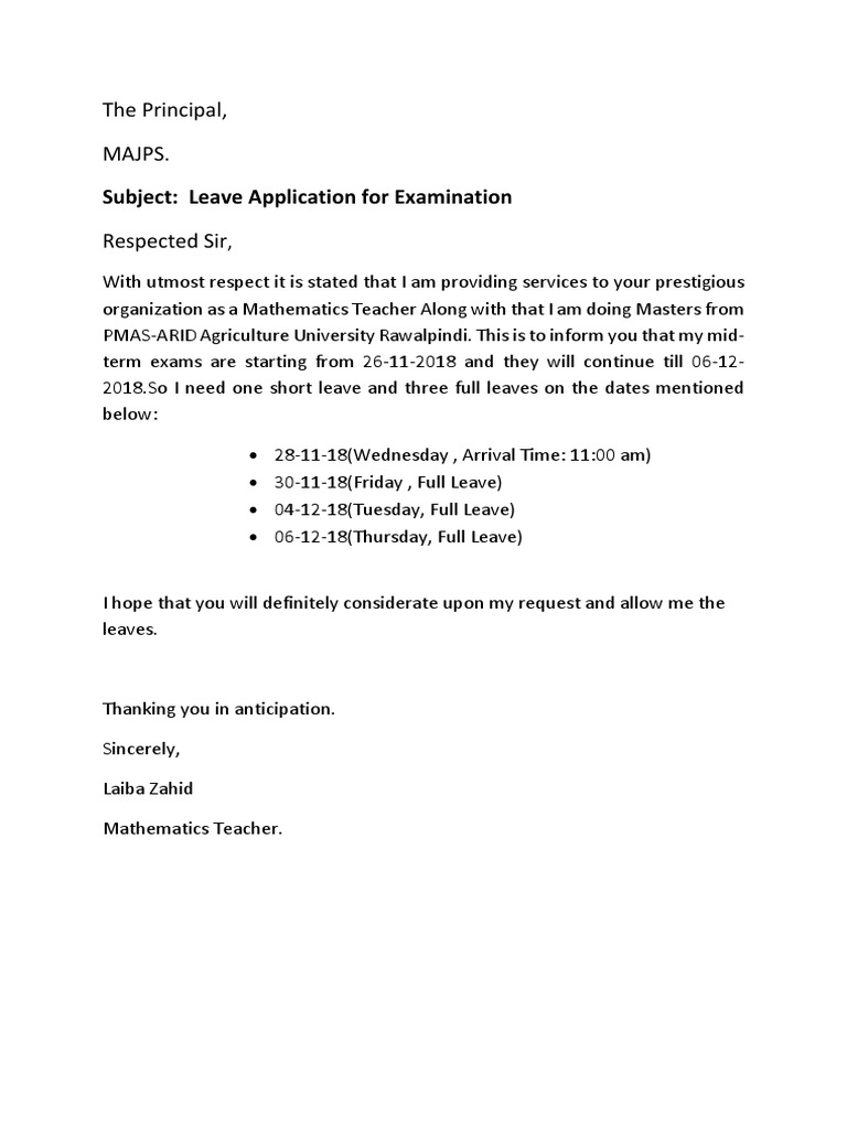 Subject: Leave Application For Examination: The Principal, Majps | PDF