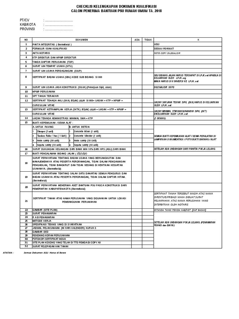 Checklist Dokumen Bantuan PSU 2018 | PDF