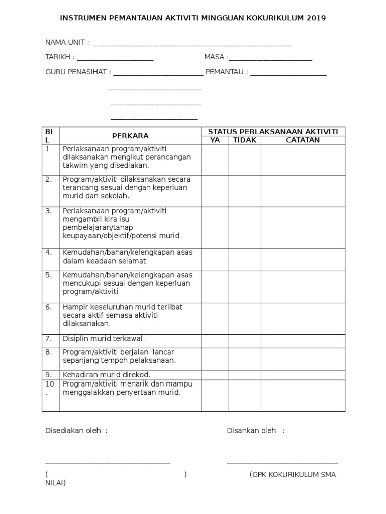 Borang Pemantauan Kokurikulum 2019 | PDF