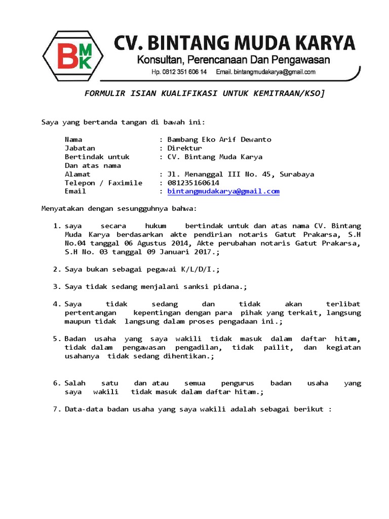 Formulir Isian Kualifikasi Untuk Kemitraan Pdf