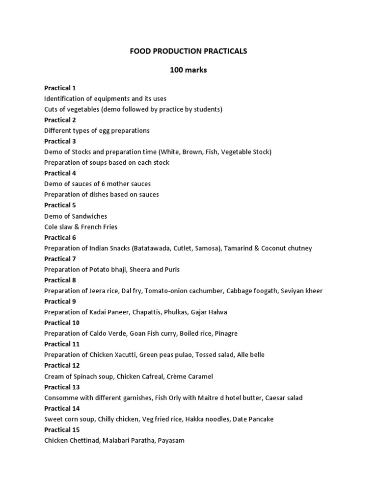 Class 11 Food Production Practicals | PDF