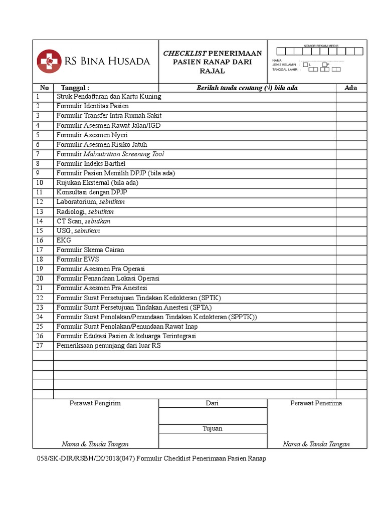 Checklist Penerimaan Pasien Ranap | PDF