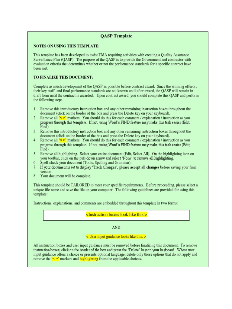 QASP Template: Notes On Using This Template | Download Free PDF ...
