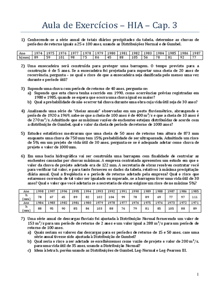 Aula Exercicios HIA Cap3 | PDF | Enchente | Chuva