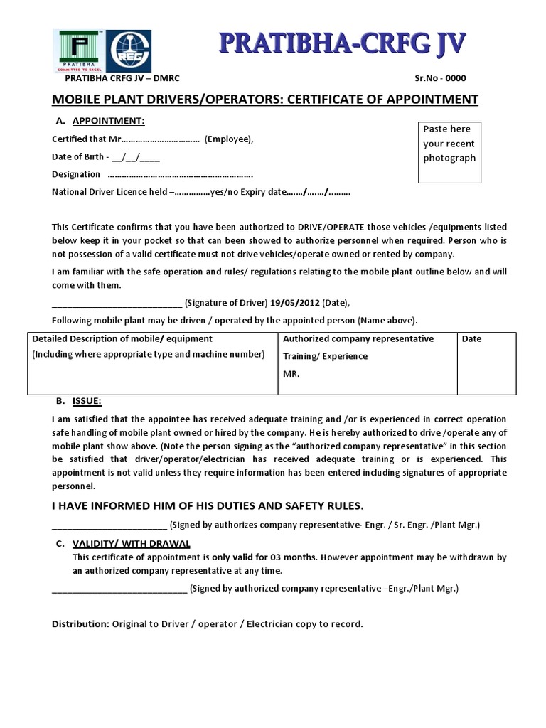 Mobile Plant Drivers/Operators: Certificate of Appointment | PDF ...