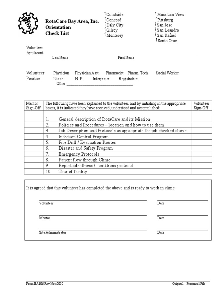 Volunteer Orientation CheckList | PDF | Health Sciences | Medicine