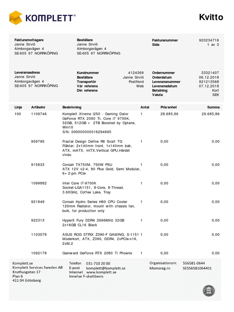 Kvitto: Fakturamottagare Beställare Fakturanummer Sida | PDF ...