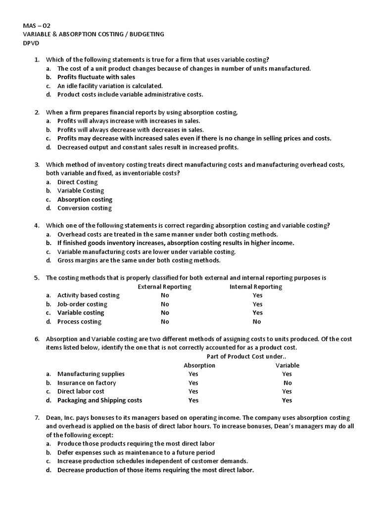 Mas 02 - Variable Absorption Costing & Budgeting | PDF | Inventory | Cost