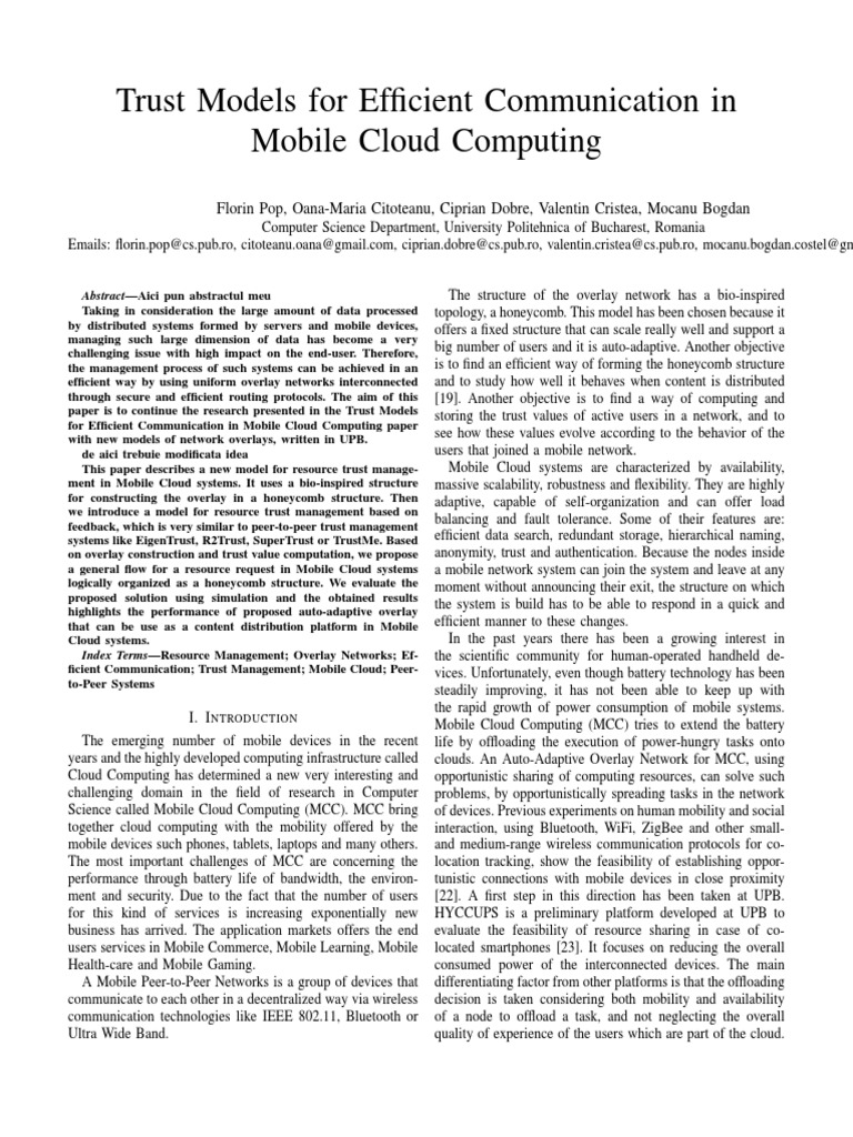 Trust Models For Efficient Communication in Mobile Cloud Computing ...